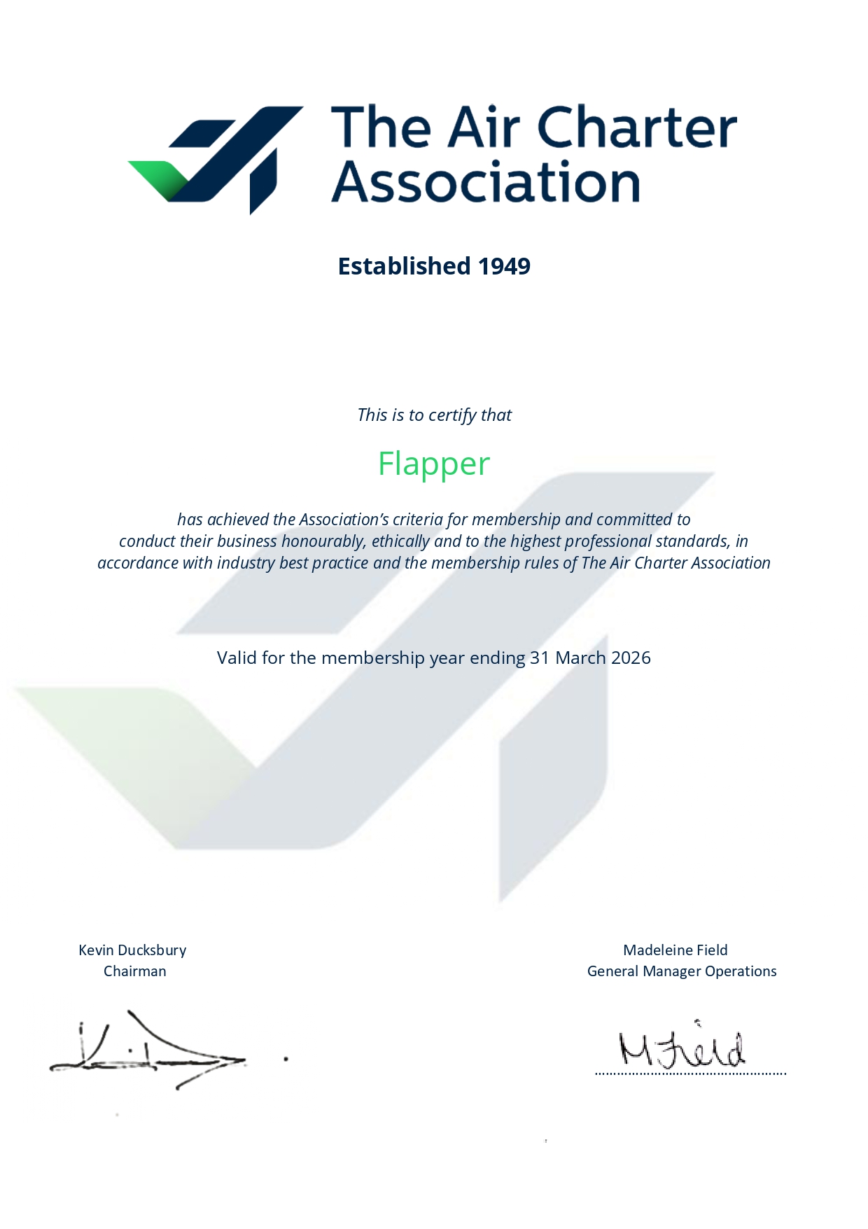 Flapper renueva su acreditación con The Air Charter Association